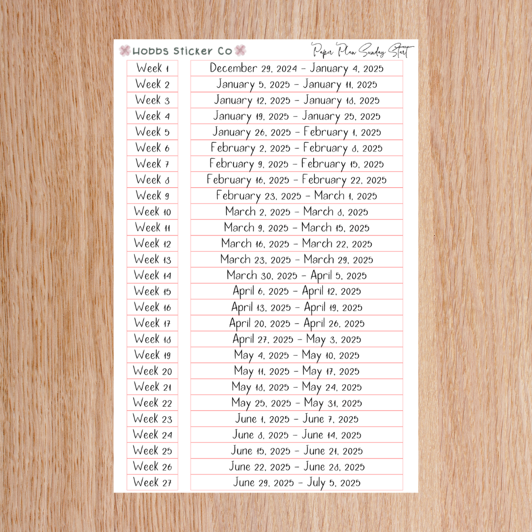 Paper Plan Weeks Sunday Start Regular – Hobbs Sticker Co